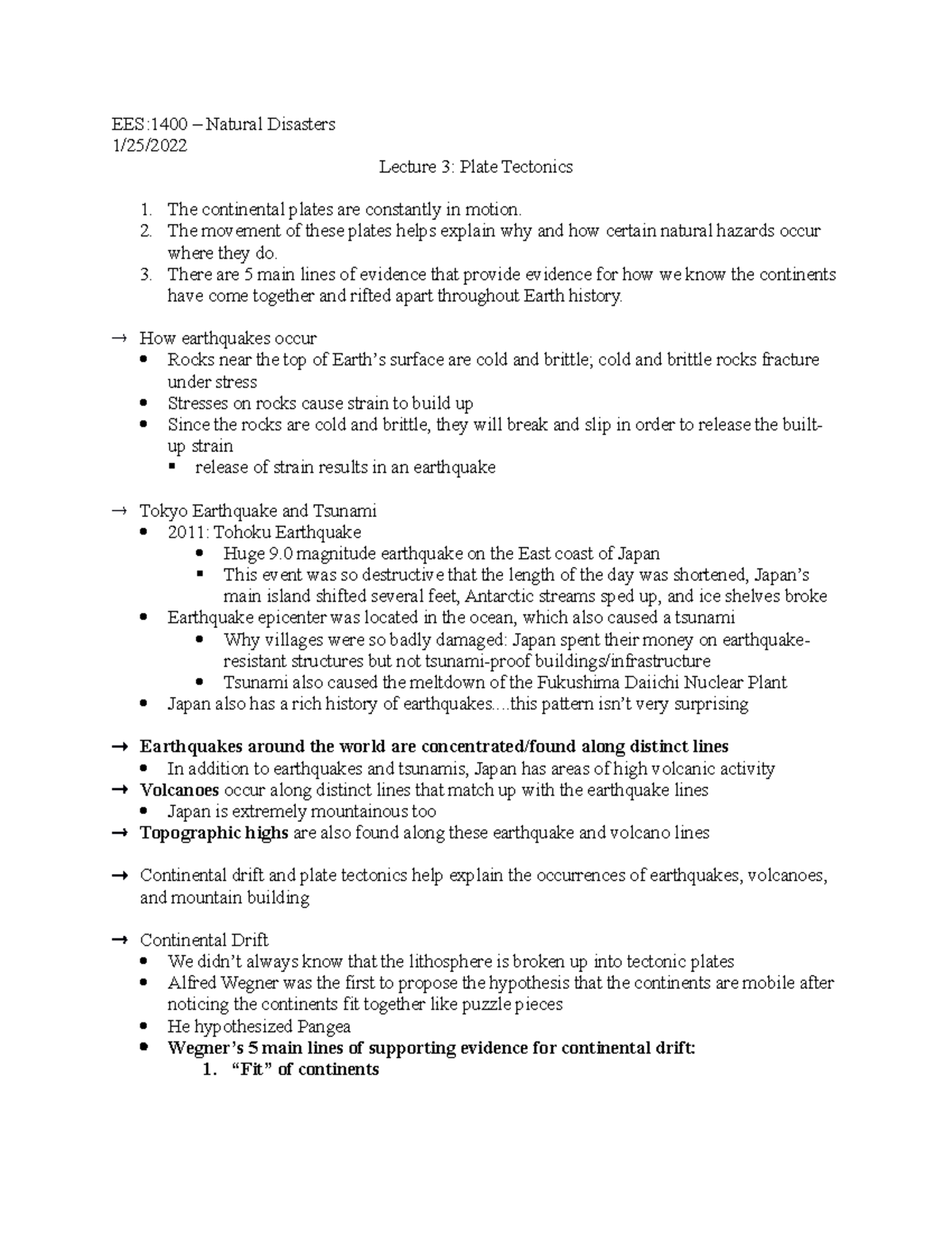 Lecture 3 Plate Tectonics Notes - EES:1400 – Natural Disasters 1/25 ...