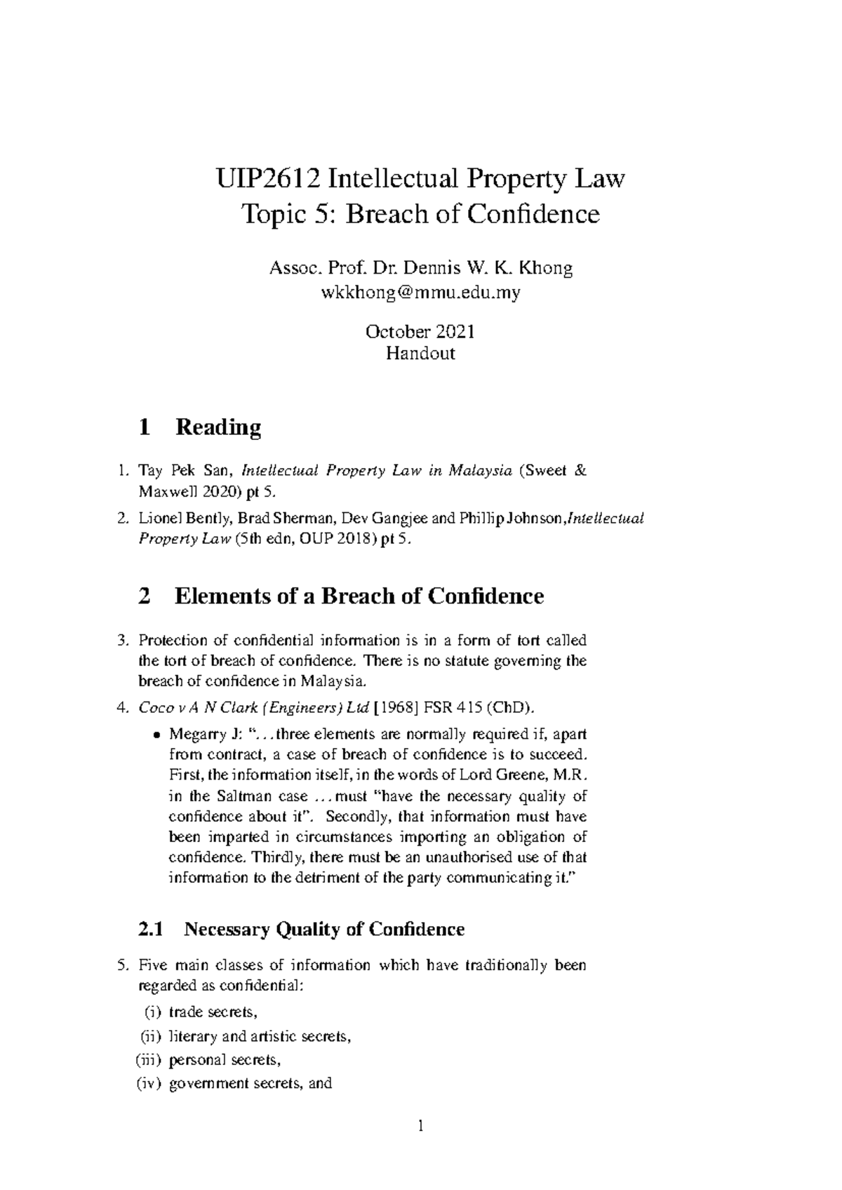 UIP2612 - Topic 5 - Breach of confidence - Handout - UIP2612 ...