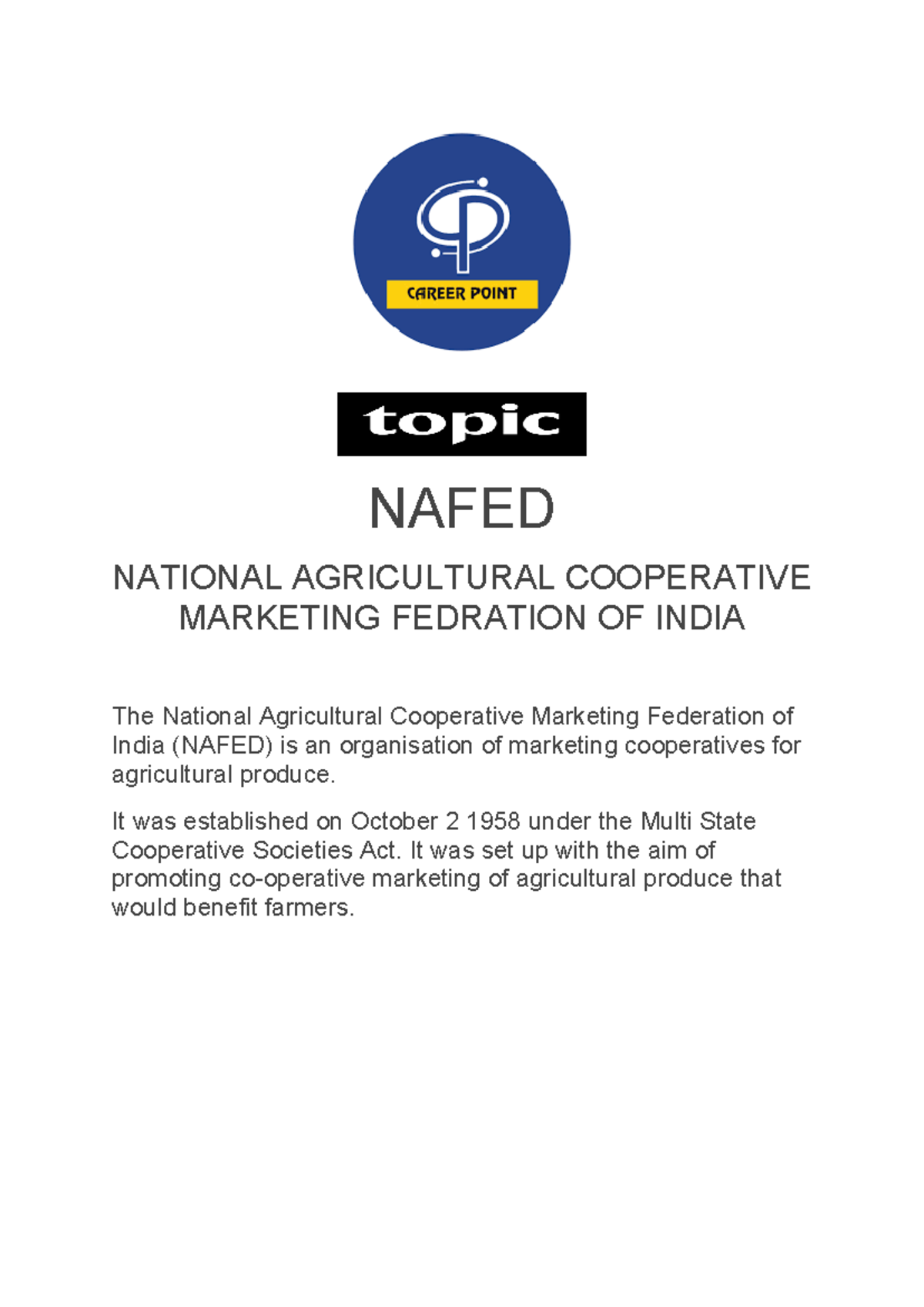 SEM 4 - NAFED NATIONAL AGRICULTURAL COOPERATIVE MARKETING FEDRATION OF ...