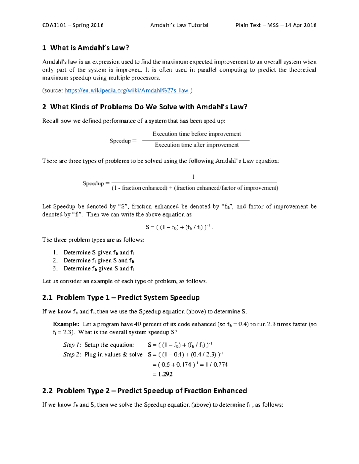 CDA3101 S16 Amdahls Law Textsummary - CDA3101 – Spring 2016 Amdahl’s ...