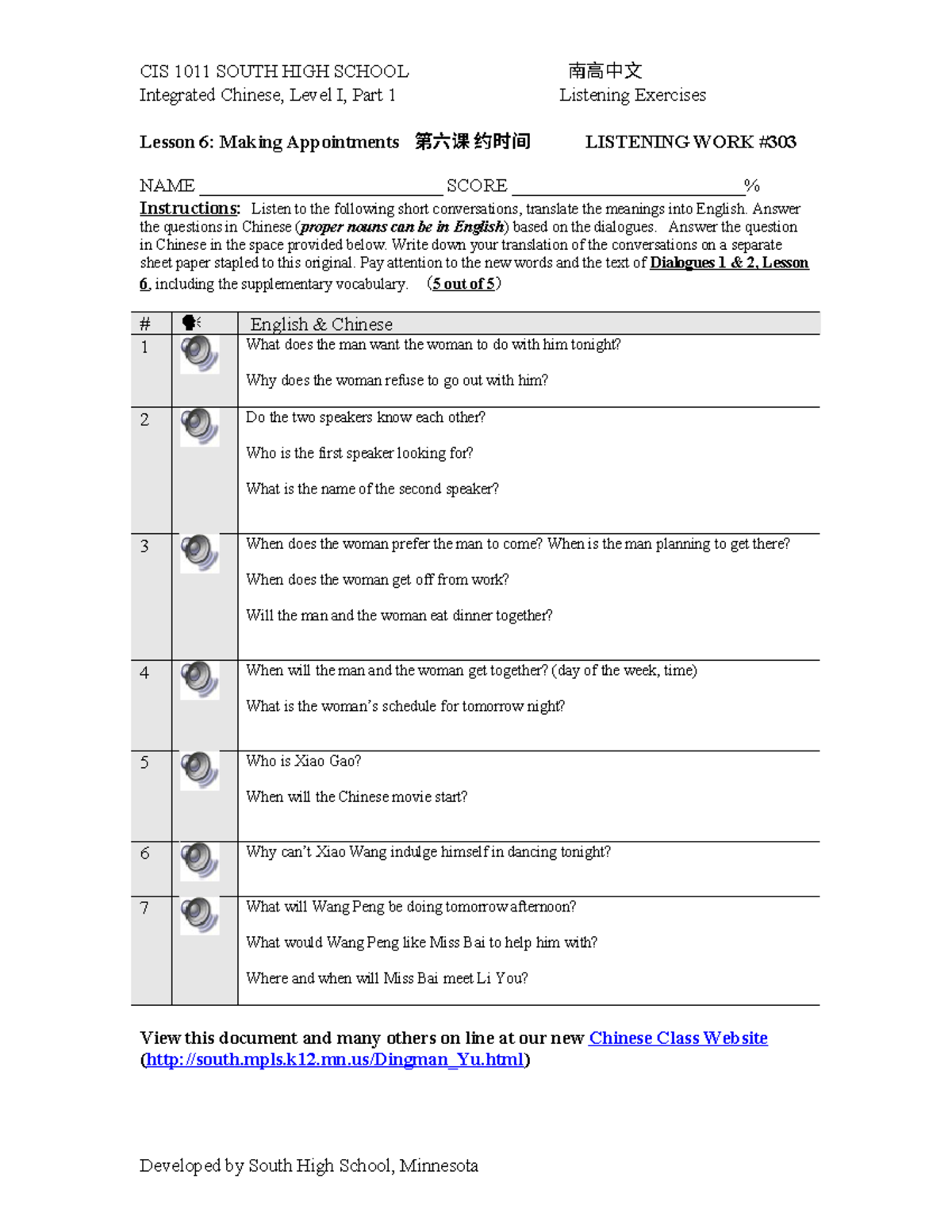 Listening 5 conversations L6 - CIS 1011 SOUTH HIGH SCHOOL 南高中文 ...