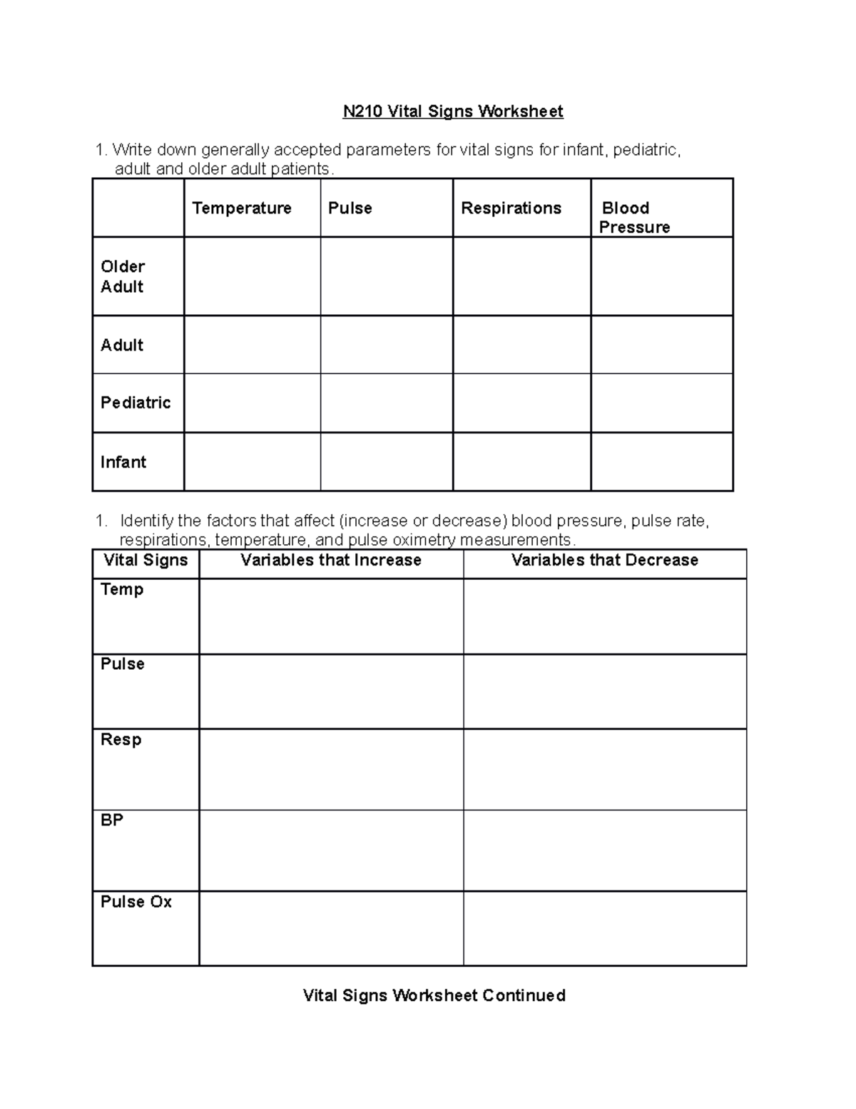 Vital Worksheet - Complete during VS Lab practice. - N210 Vital Signs ...