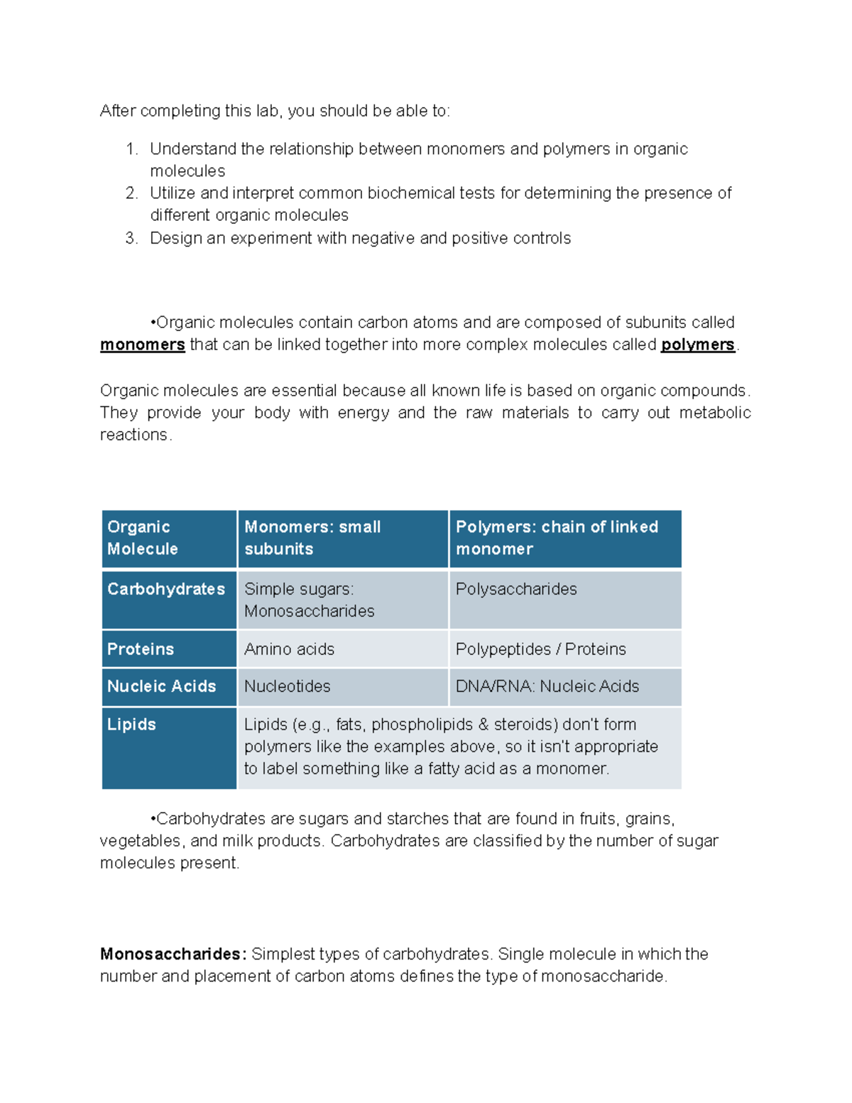 Lab three (organic molecules) notes - After completing this lab, you ...