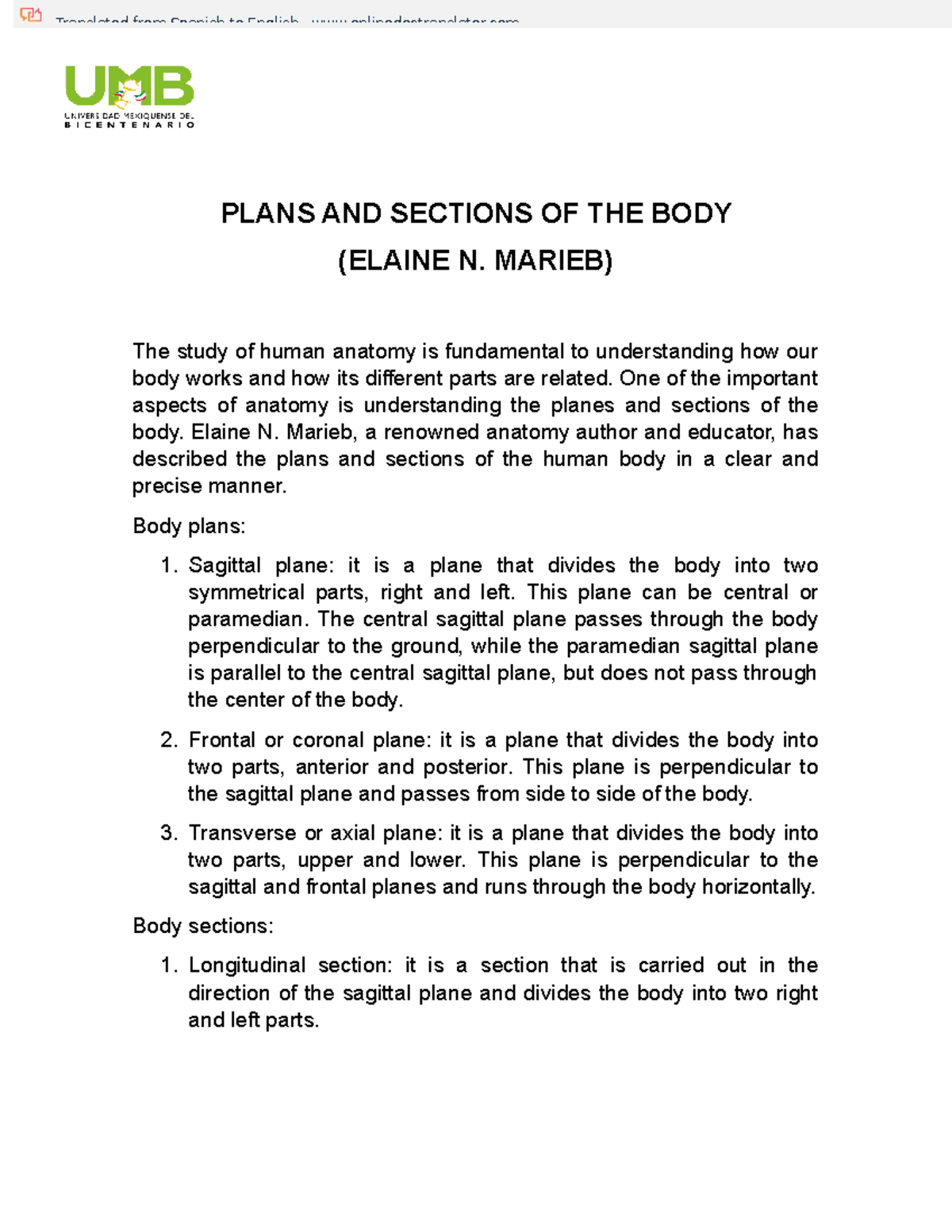 Body Plans and Sections - Elaine N. Marieb - PLANS AND SECTIONS OF THE ...