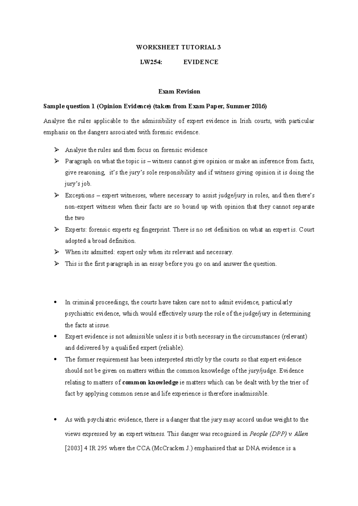 Evidence Tutorial 3 - Opinion Evidence - WORKSHEET TUTORIAL 3 LW254 ...