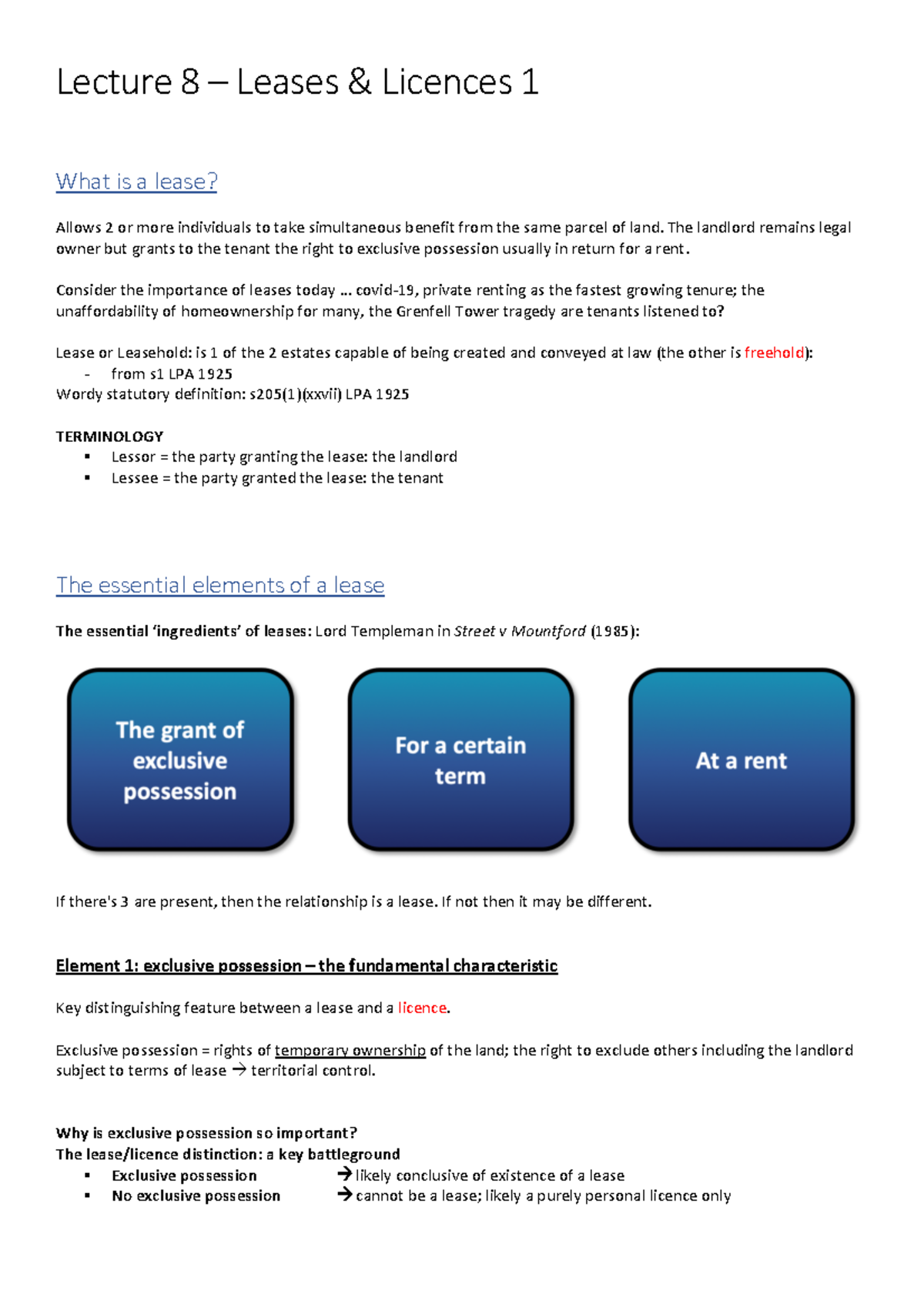 Leases & Licences 1 Lecture 8 notes - Lecture 8 – Leases & Licences 1 ...