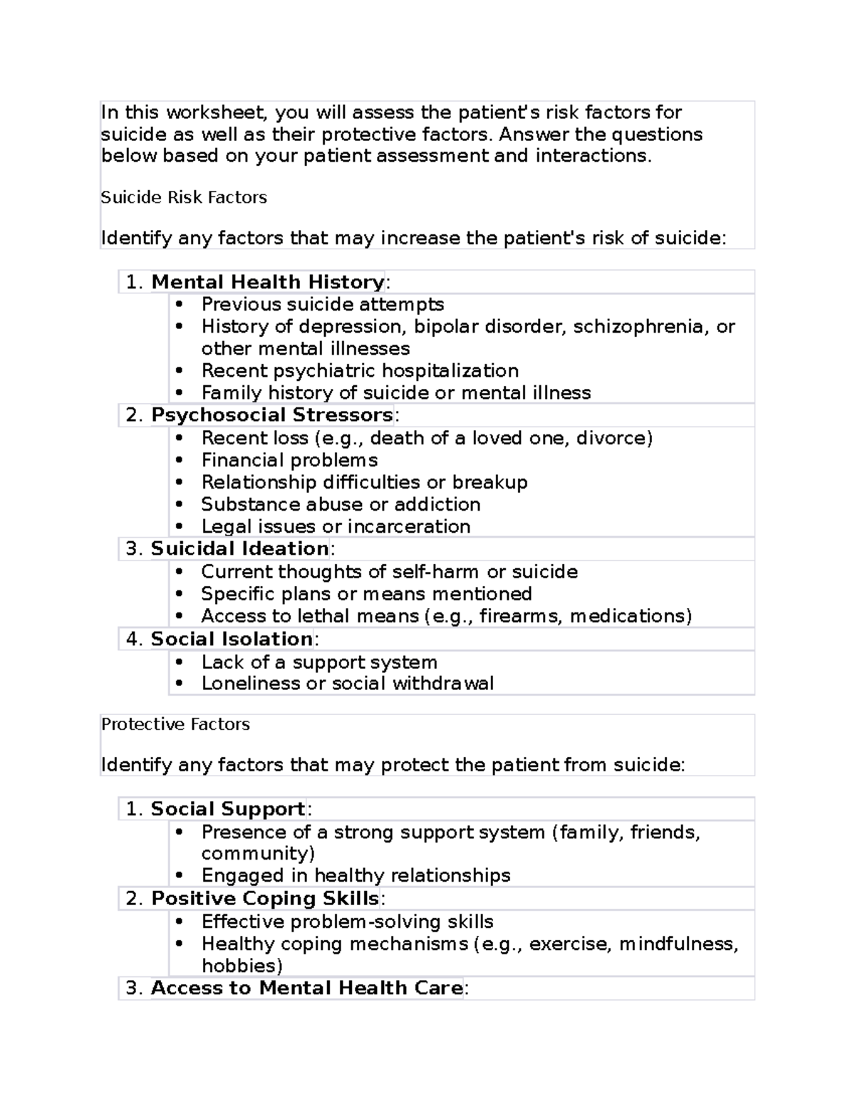 Suicide worksheet - In this worksheet, you will assess the patient's ...