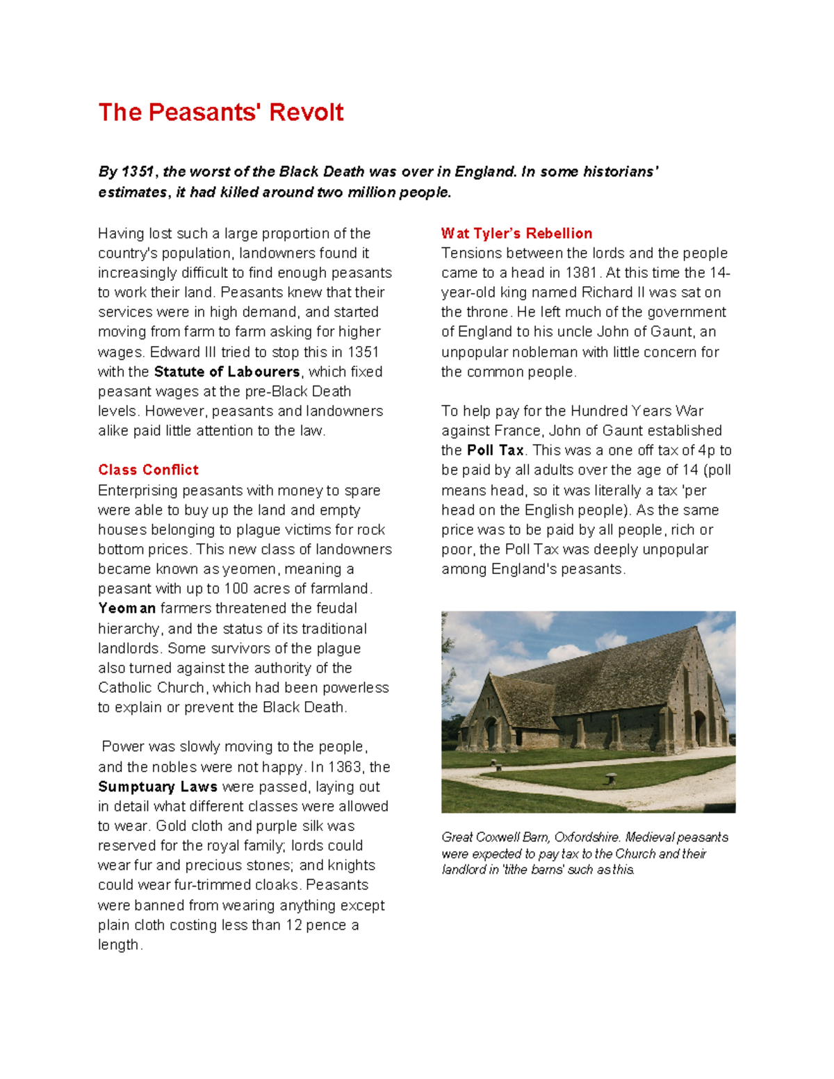 The Peasants' Revolt - Reading Sheet - The Peasants' Revolt By 1351 ...