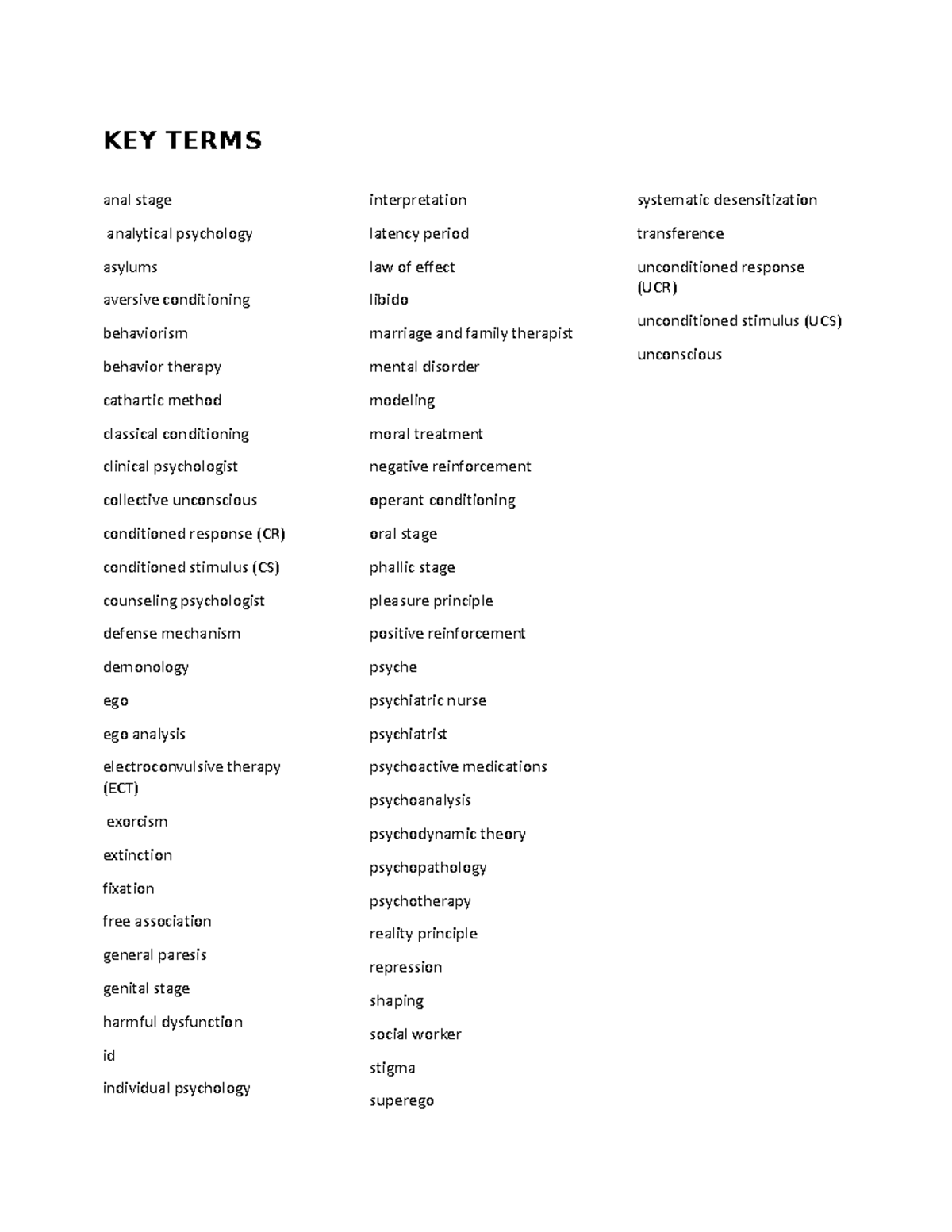 Chapter 1 KEY Terms - KEY TERMS anal stage analytical psychology ...