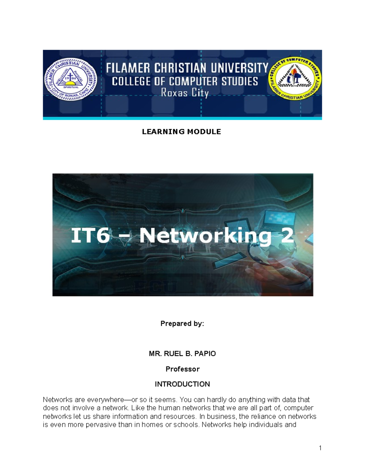 IT7 - Networking 2 Module 1 - LEARNING MODULE Prepared by: MR. RUEL B ...