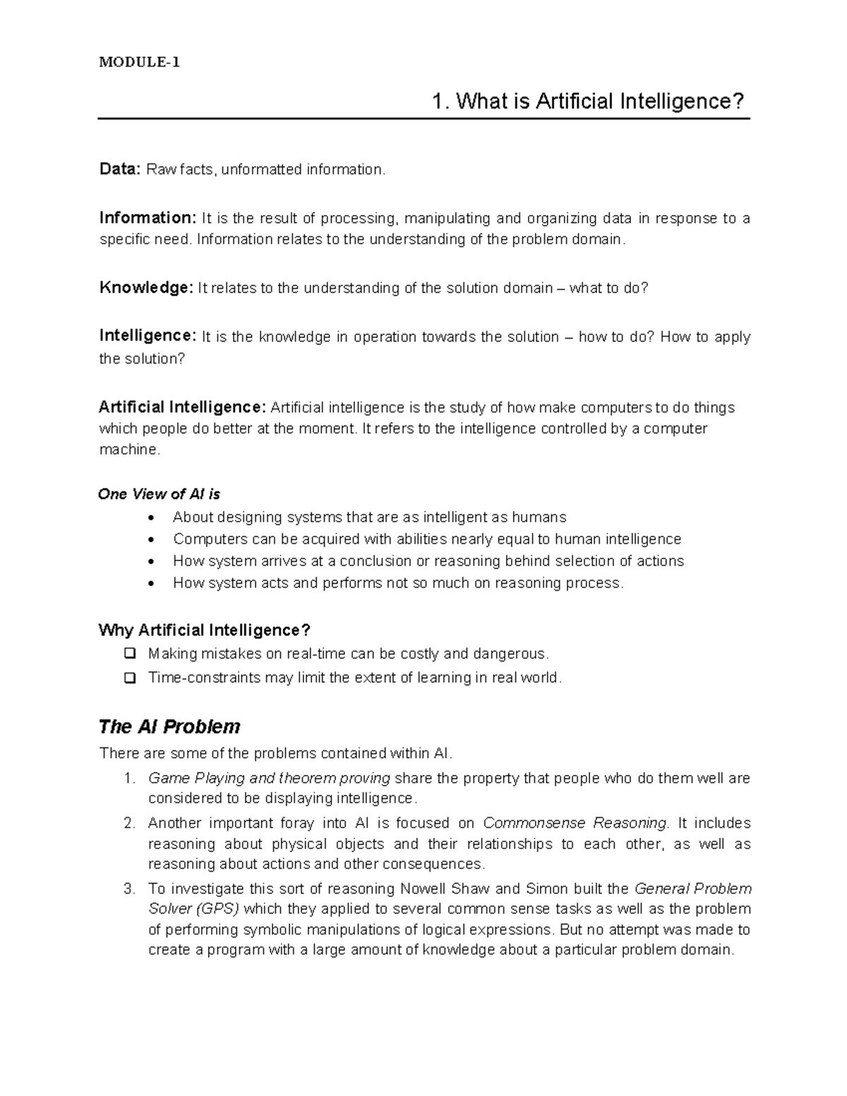 Module 1 - MODULE- 1. What is Artificial Intelligence? Data: Raw facts ...