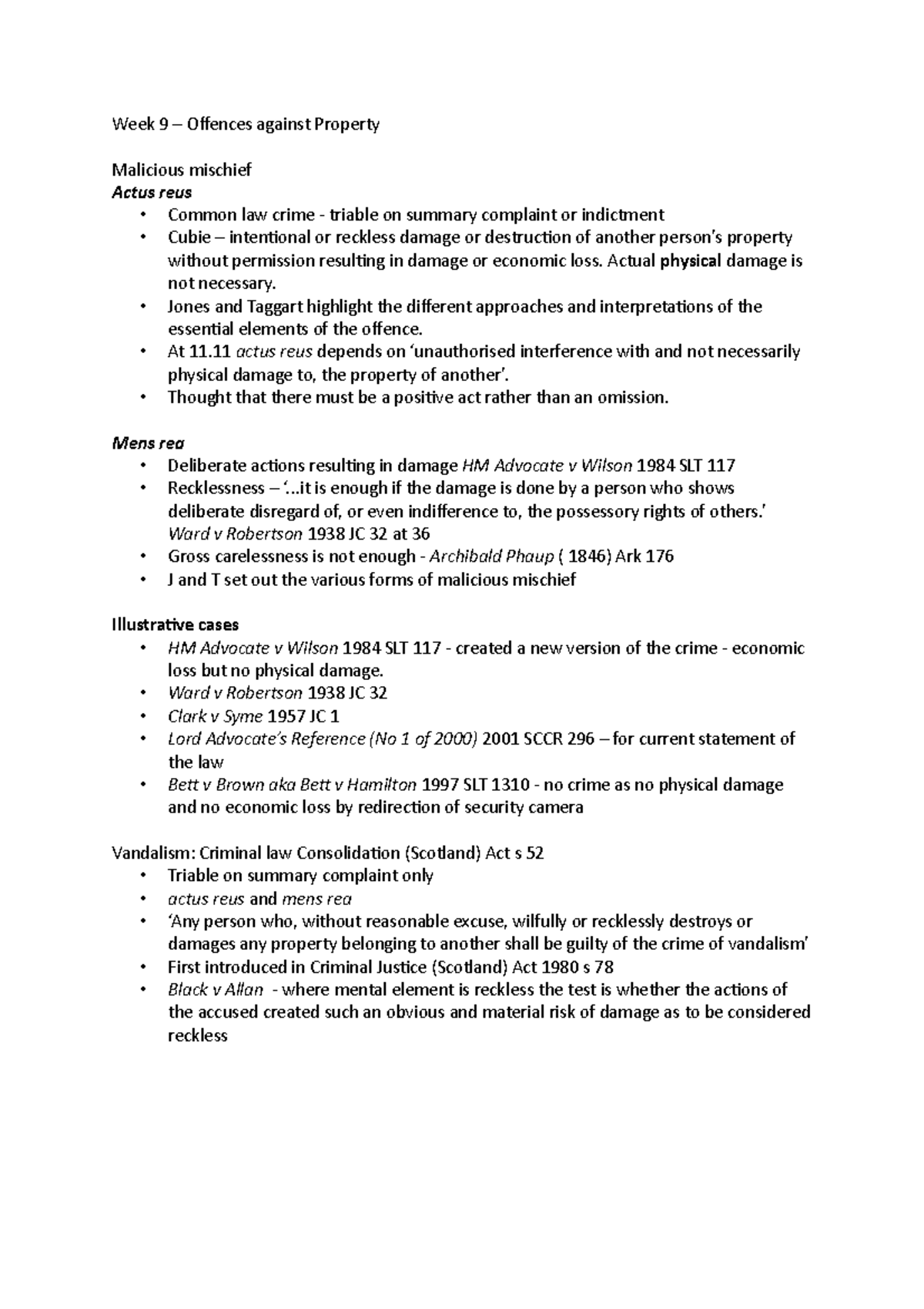 Week 9 - Week 9 – Offences against Property - Week 9 – Offences against ...