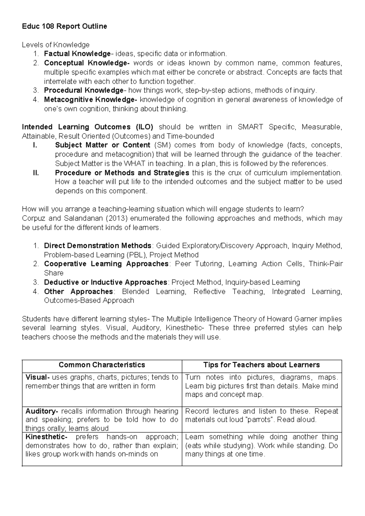 Educ 108 Report Outline - Educ 108 Report Outline Levels of Knowledge 1 ...