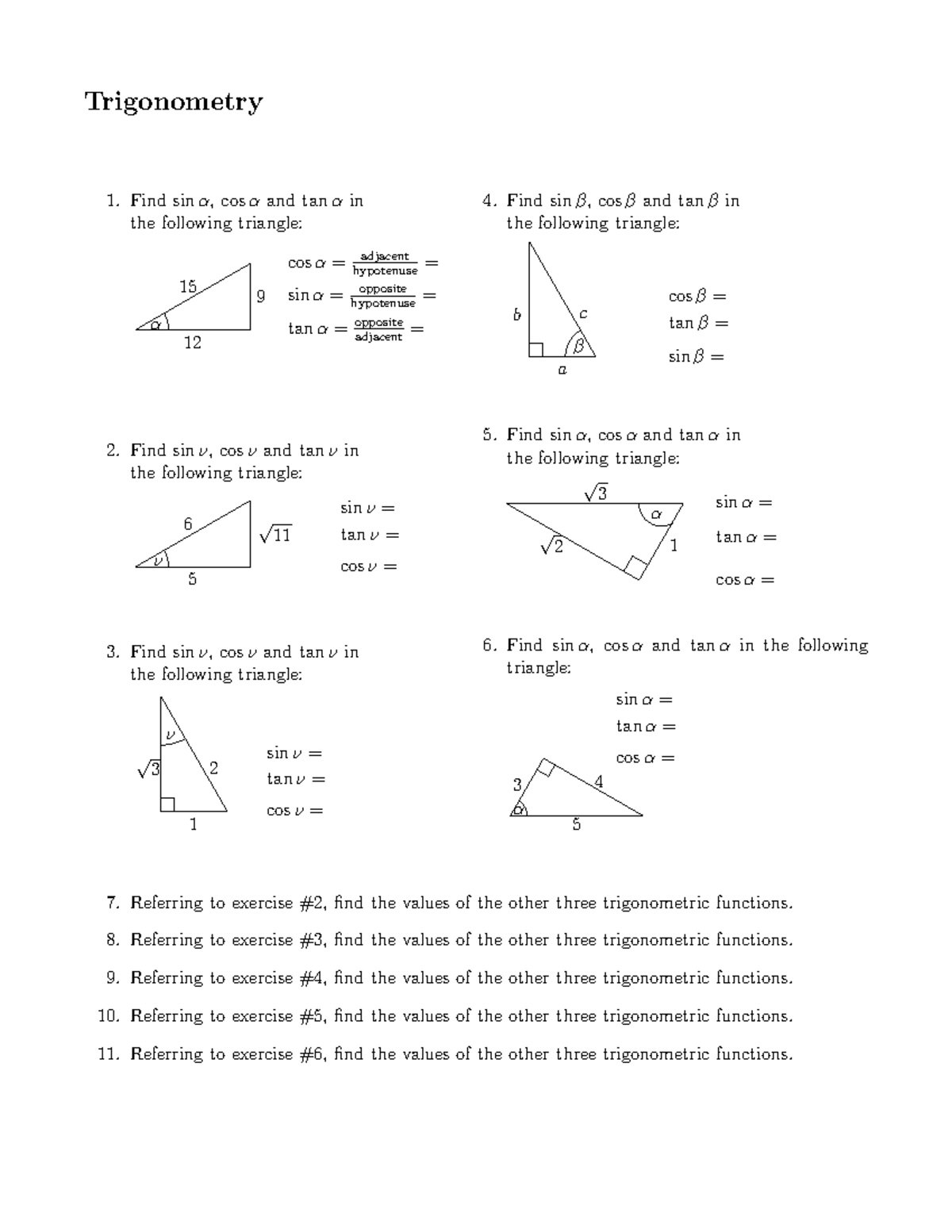 Trigonometry Practice Problems with Answers - Trigonometry Find sinα ...