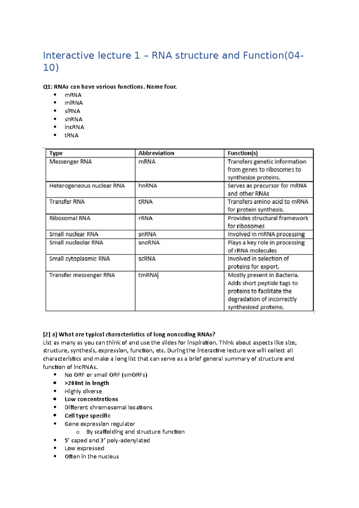 Interactive Lecture 1 Lnc Rnas Interactive Lecture 1 Rna Structure And Function04 10 Q1