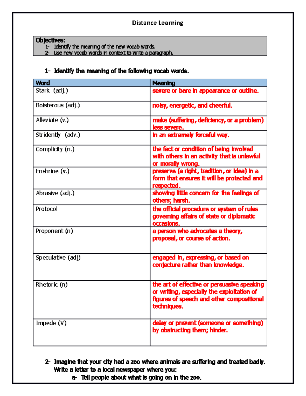 Day 2 Vocab - lec notes - Distance Learning Objectives: 1- Identify the ...