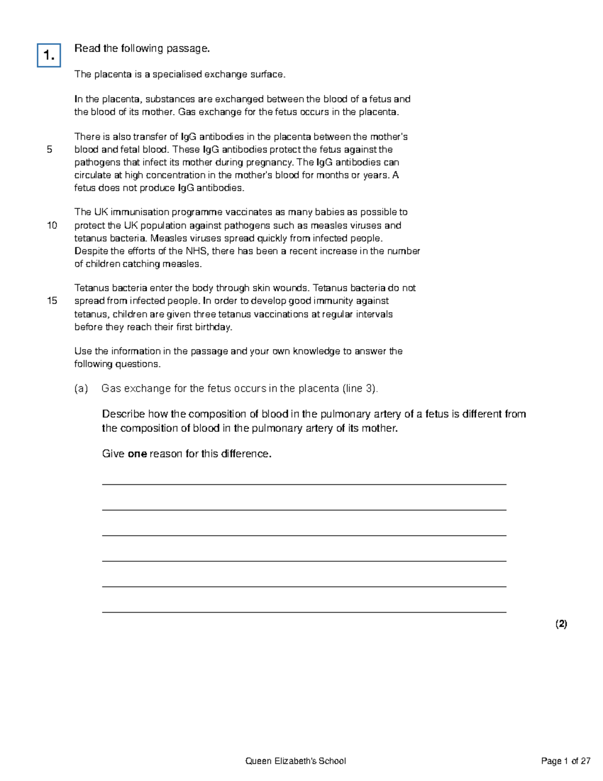 AS Biology AQA Comprehension Qs and MS - Read the following passage ...