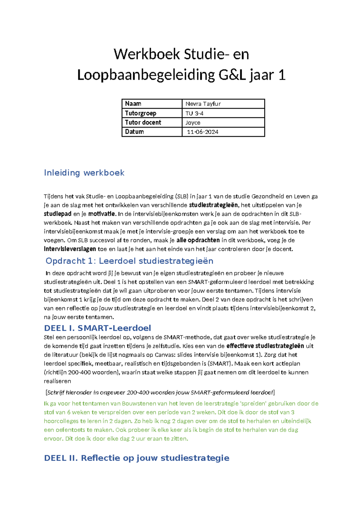 Werkboek SLB - Werkboek Studie- en Loopbaanbegeleiding G&L jaar 1 Naam ...