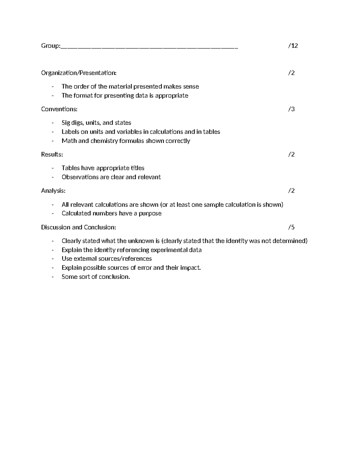 Unknowns Lab Final Draft Assessment Rubric - Organization/Presentation ...