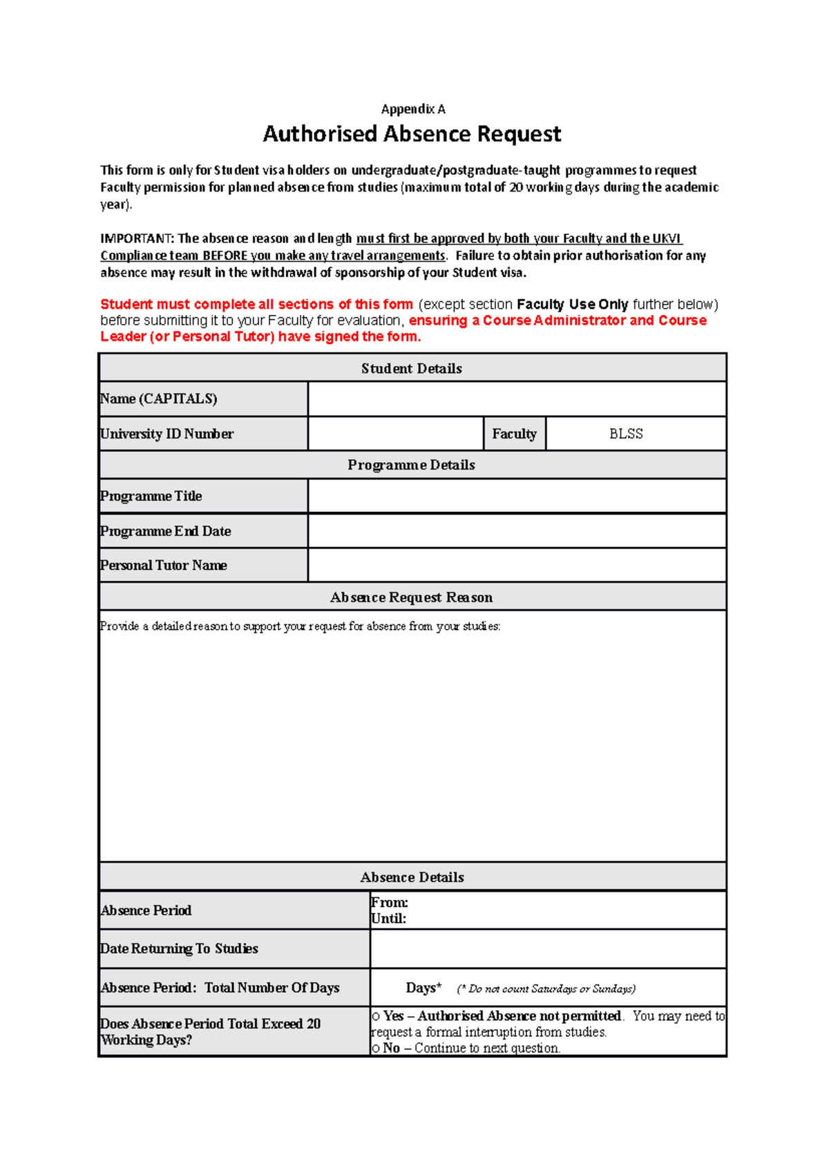 Appendix A student absence - Appendix A Authorised Absence Request This ...