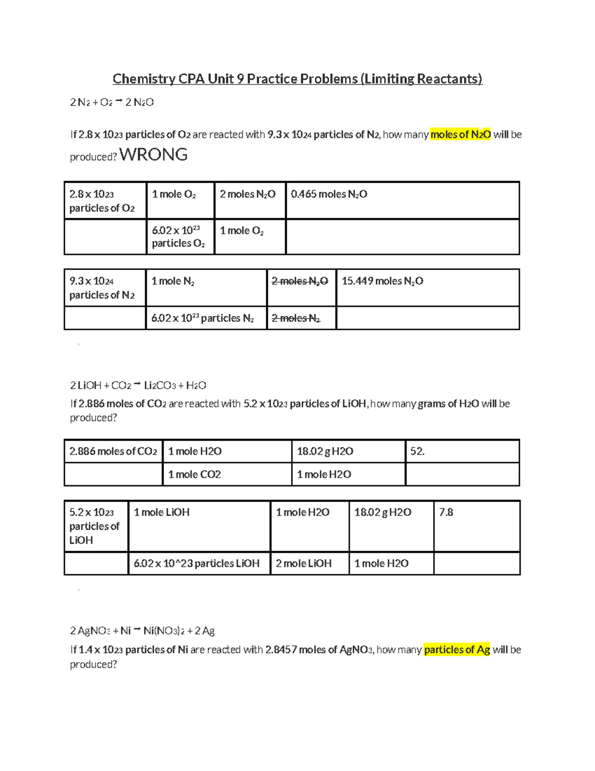 Chemistry CPA unit 9 practice problems - Chemistry CPA Unit 9 Practice ...