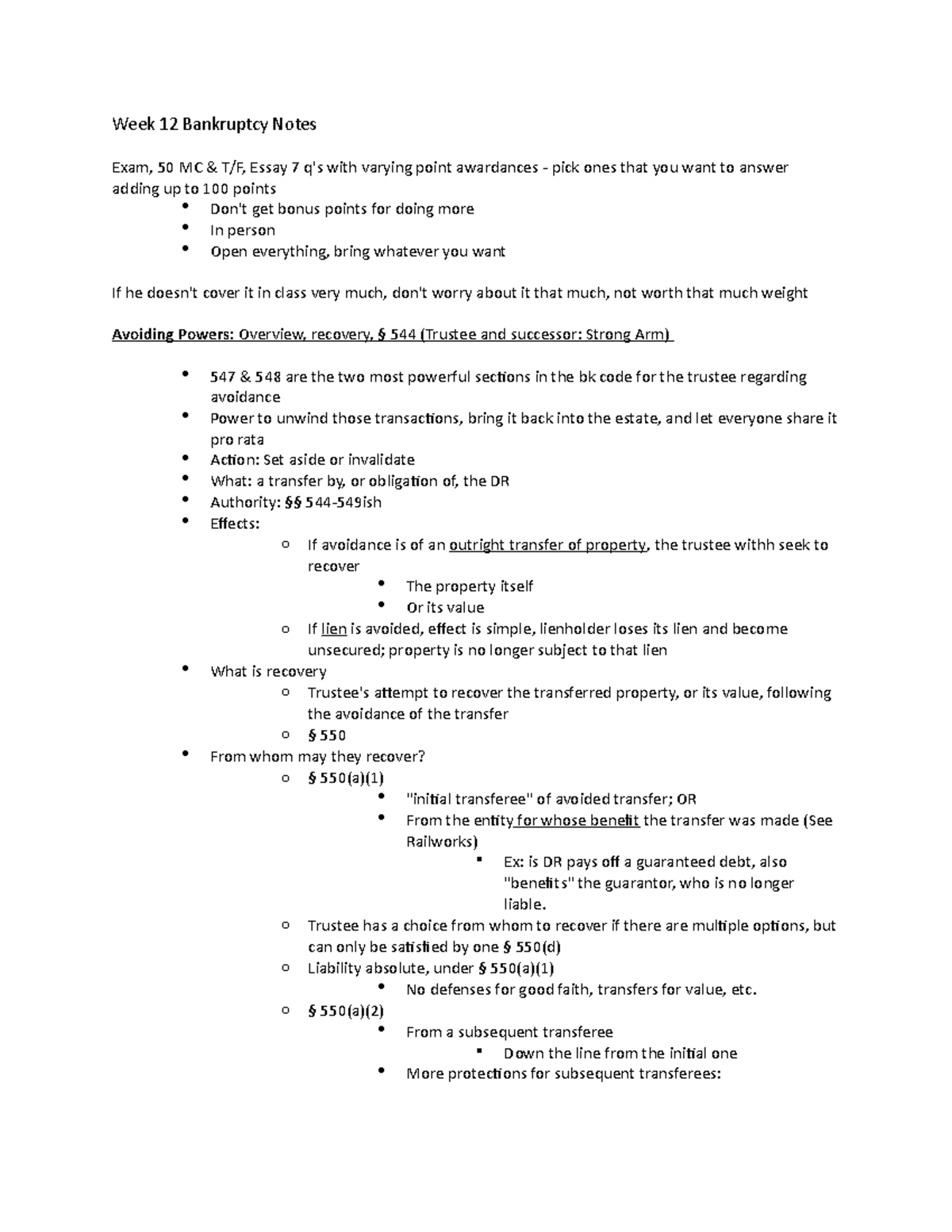 Week 12 Bankruptcy Notes - Week 12 Bankruptcy Notes Exam, 50 MC & T/F ...