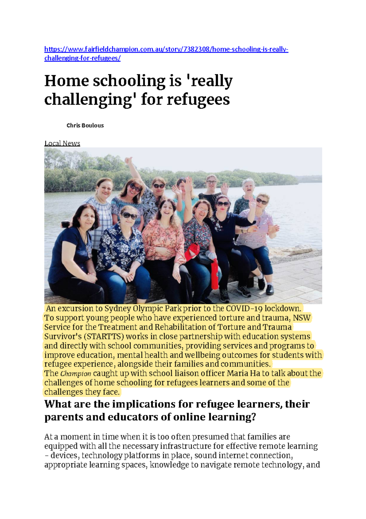 Article - home schooling is really challenging for refugess - Home ...