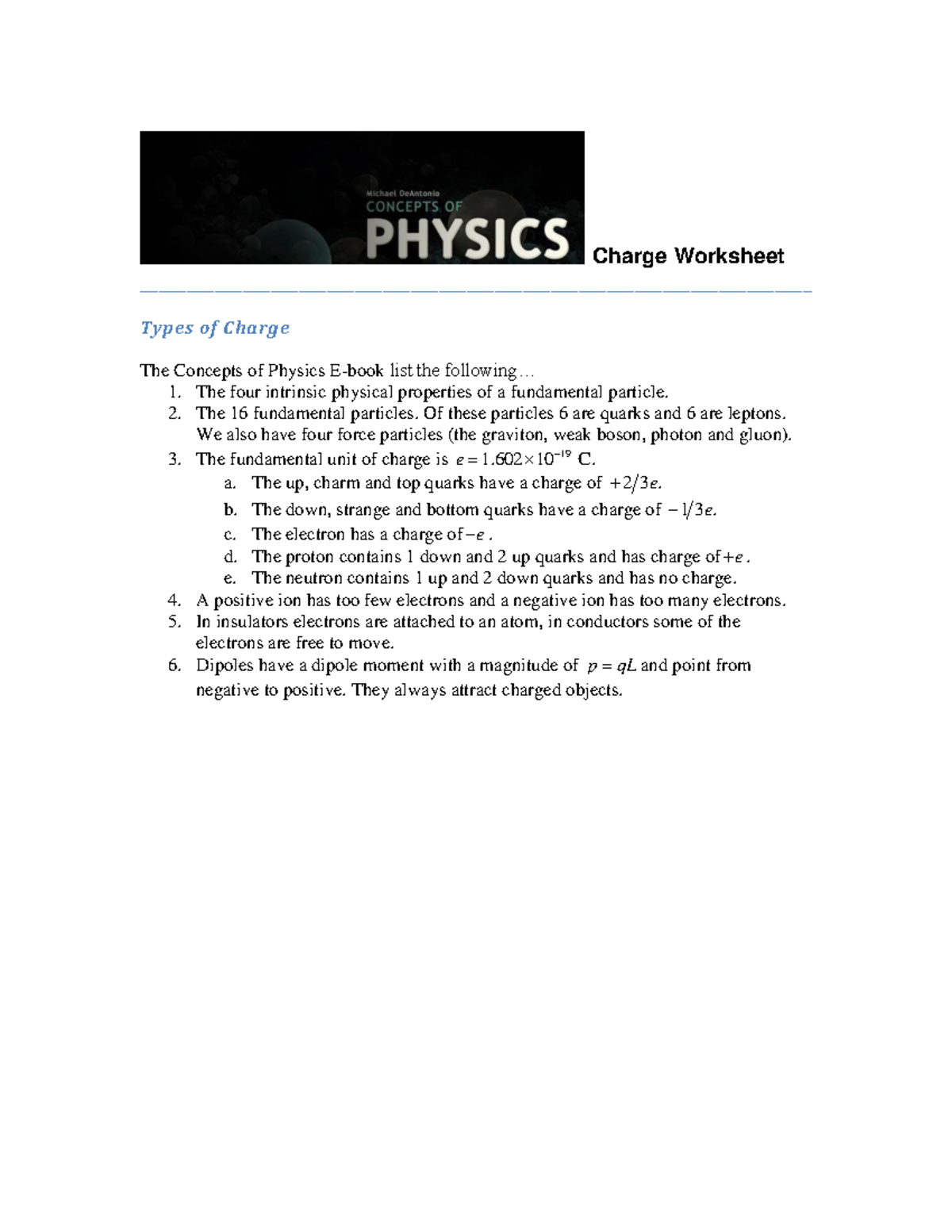 Worksheet Charge Solutions - In Class - Charge Worksheet Types of ...