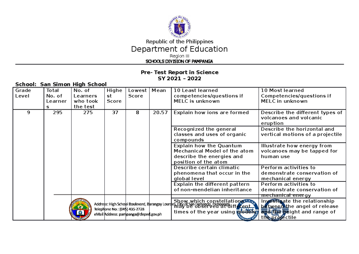 Edited-M - Report in science Pre-Test - Republic of the Philippines ...