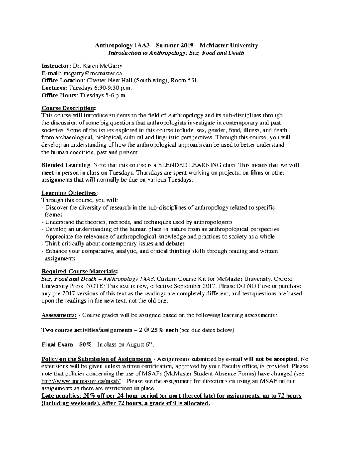 1AA3 Mc Garry - Summer - Course Outline - Anthropology 1AA3 – Summer ...