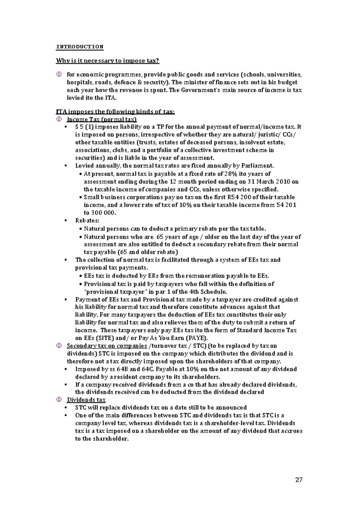 TAX Notes NB (S) - INTRODUCTION Why is it necessary to impose tax? for ...