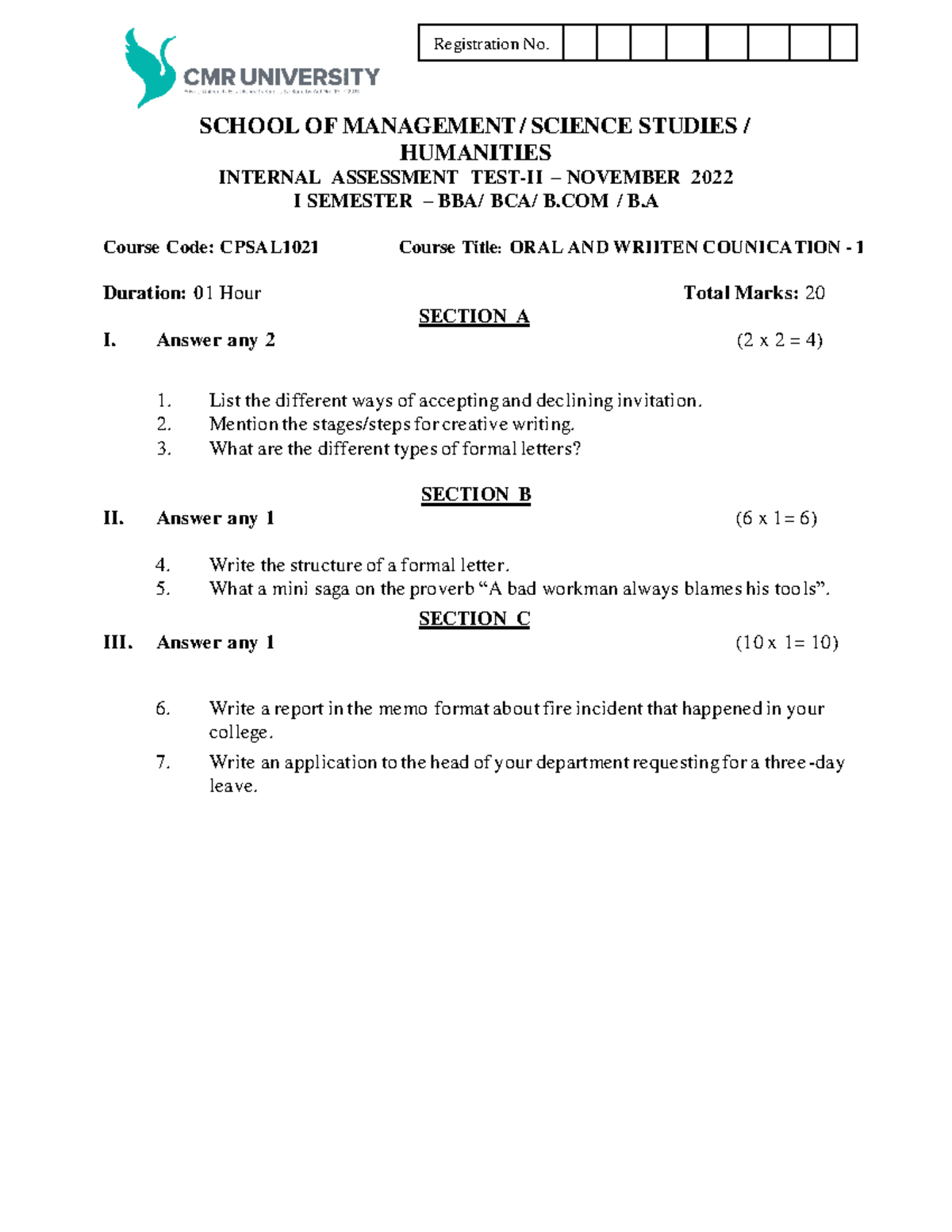 I BCA OWC-1 Internal Assessment Test-222-25 - SCHOOL OF MANAGEMENT ...