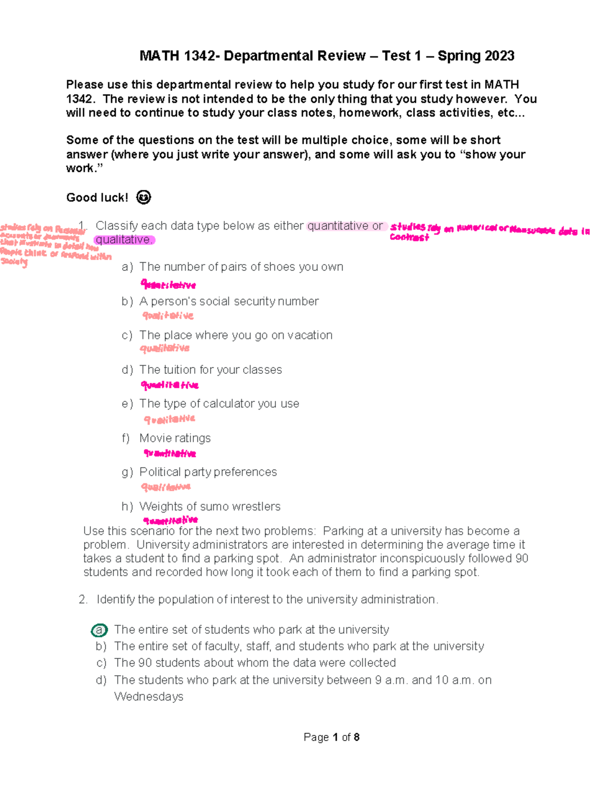 Elementary To Statistics - Page 1 of 8 MATH 1342- Departmental Review ...