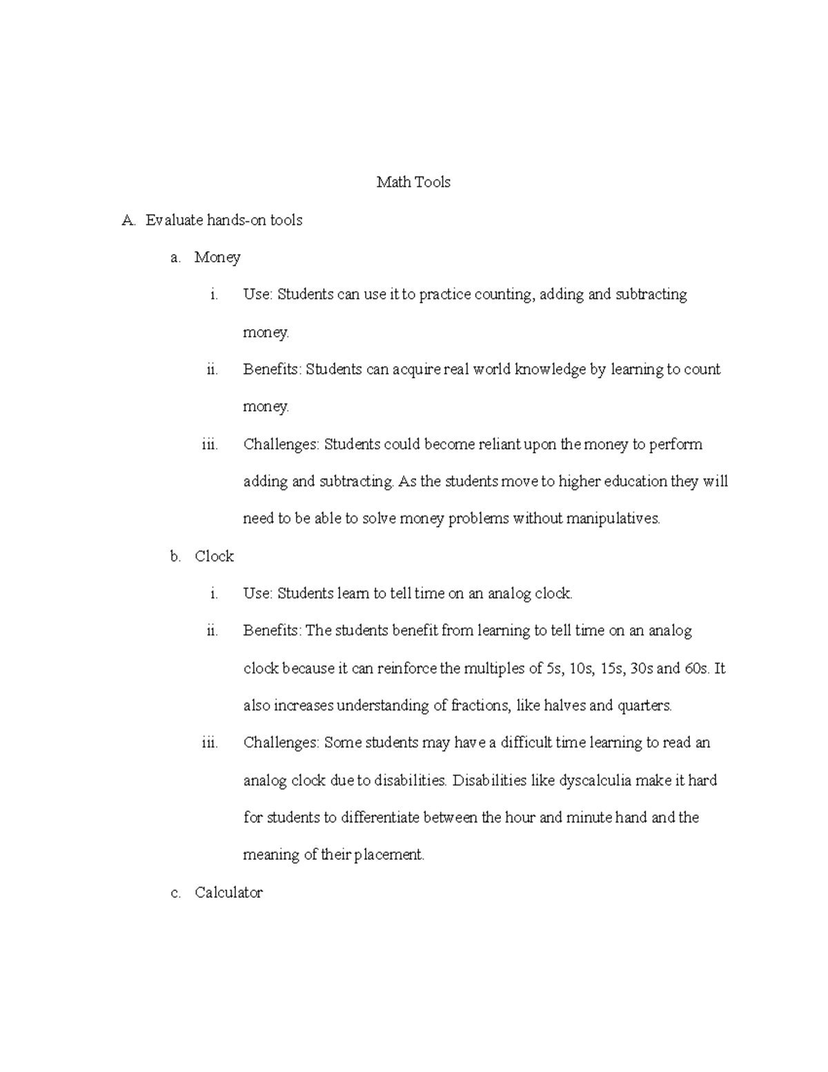 OVM1 Task 1 Math Tools - Mild to Moderate Disabilities - Math Tools A. Evaluate hands-on tools a ...