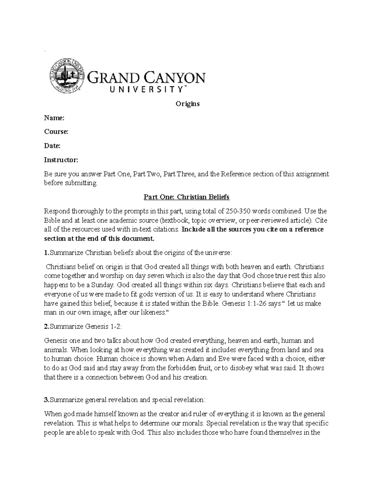 Origins worksheet - . Origins Name: Course: Date: Instructor: Be sure ...