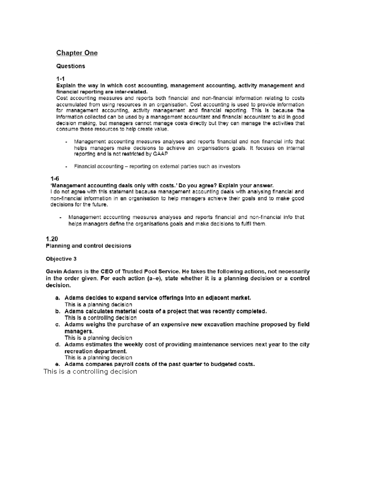 Tutorial answers 9th - Accounting For Management Control - This is a ...