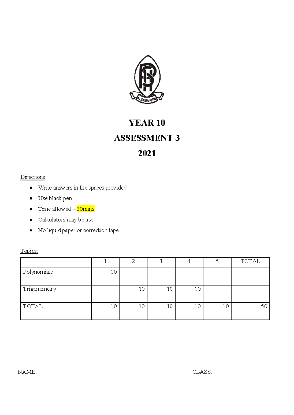 2021 Yr10 TASK 3a - 2021 Yr10 TASK 3a - YEAR 10 ASSESSMENT 3 2021 ...