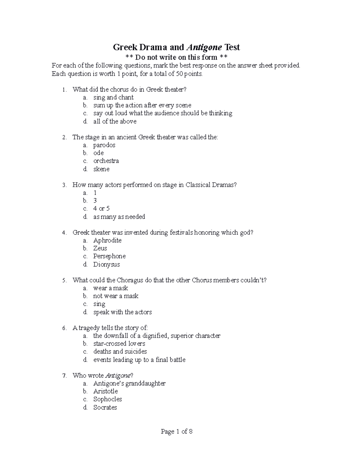 Antigone Quiz - Greek Drama and Antigone Test ** Do not write on this ...