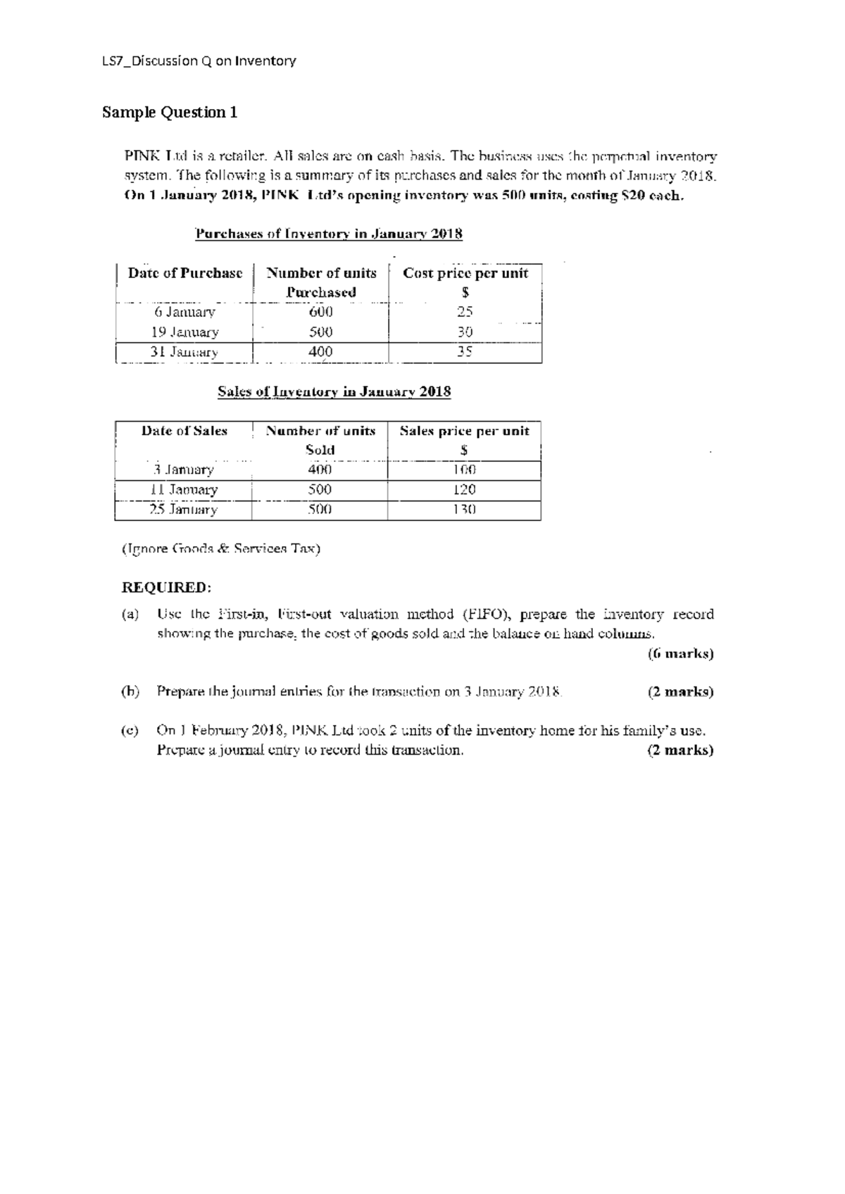 LS7 Inv Qs - Summary Financial Accounting 1 - Sample Question (a) First ...