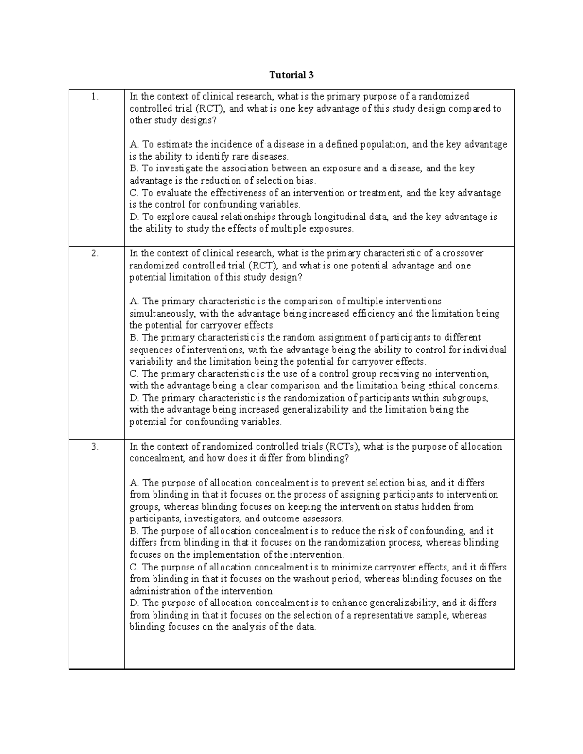RCT tutorial student copy - Tutorial 3 In the context of clinical research, what is the primary ...