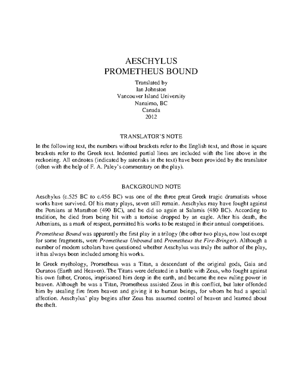 Prometheus Bound BY Aeschyllus - AESCHYLUS PROMETHEUS BOUND Translated ...