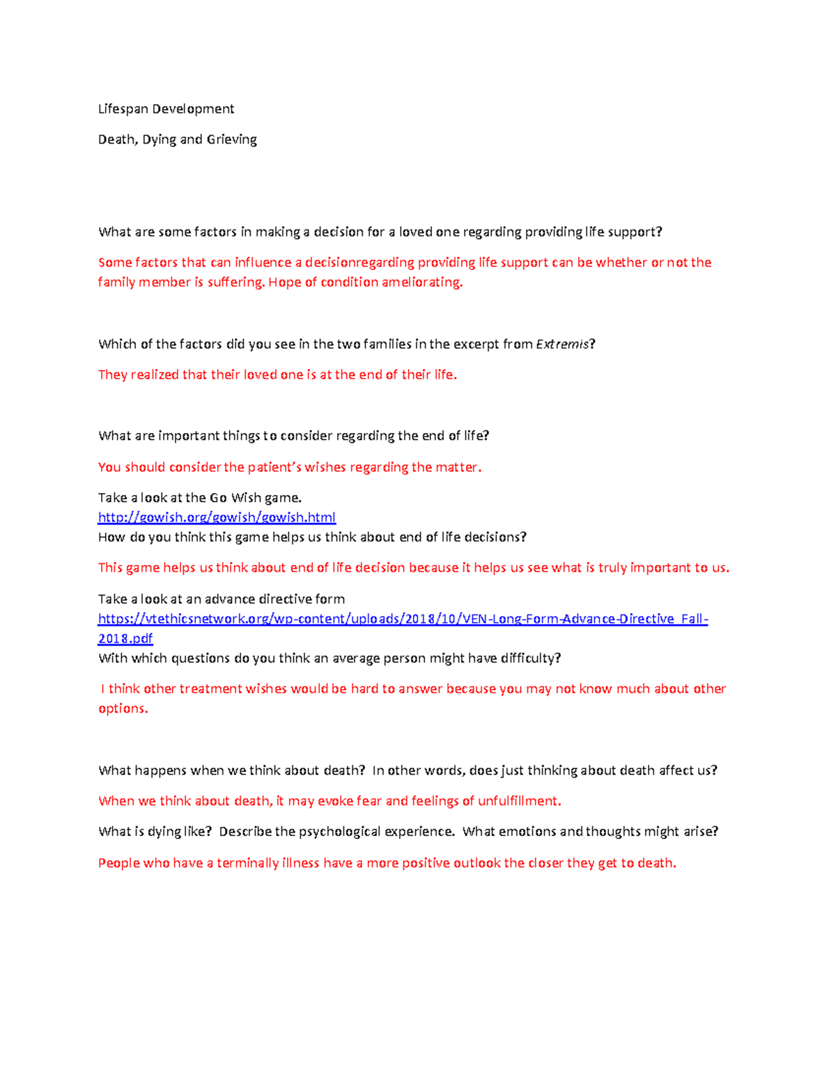 Worksheet - Death upload - Lifespan Development Death, Dying and ...