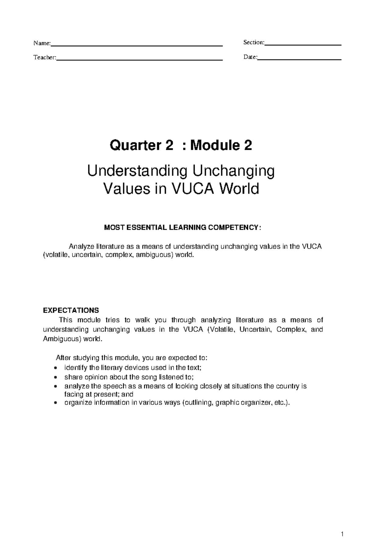 English 9 Q2 Module 2 - xxxxxx - Name: Teacher: Section: Date: Quarter ...