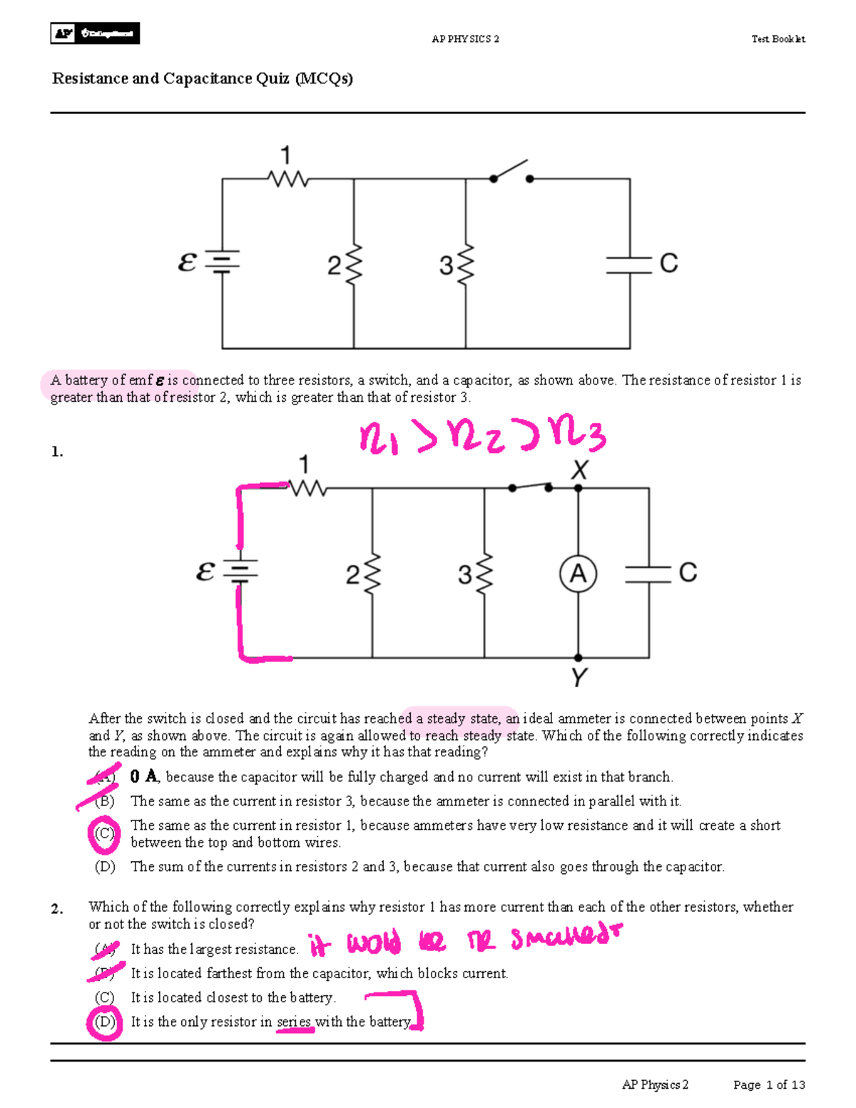 Resistance and Capacitance Quiz MCQs - A battery of emf is connected to ...