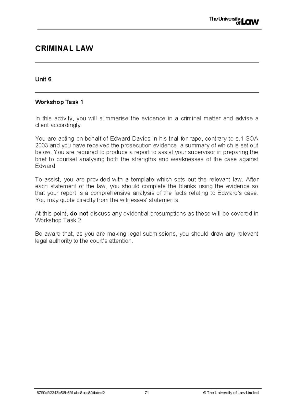 Unit 6 sexual assualt - unit 6 - CRIMINAL LAW Unit 6 Workshop Task 1 In ...
