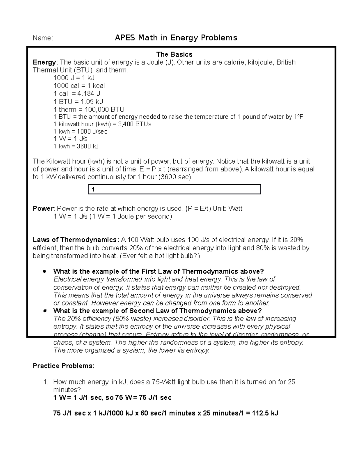 Energy Math Practice Problems Worksheet - Hermitage - Studocu