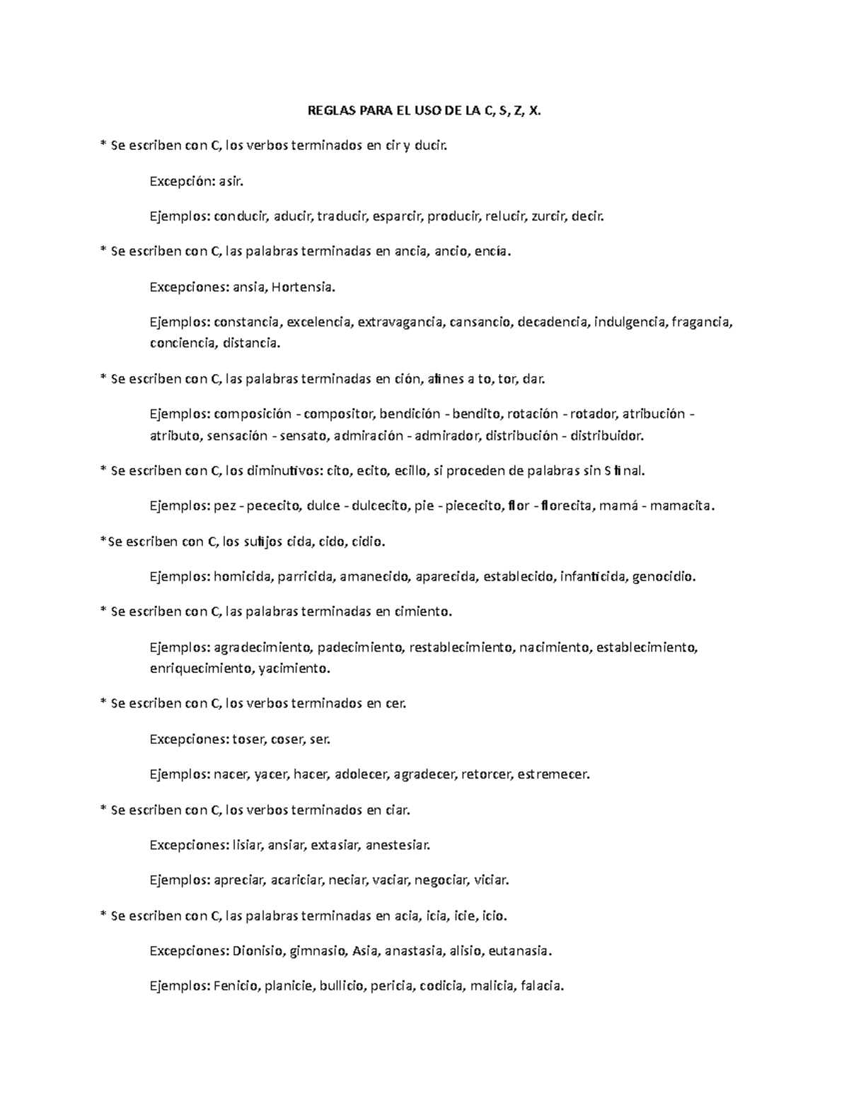 Reglas PARA EL USO DE LA C S Z X - REGLAS PARA EL USO DE LA C, S, Z, X ...