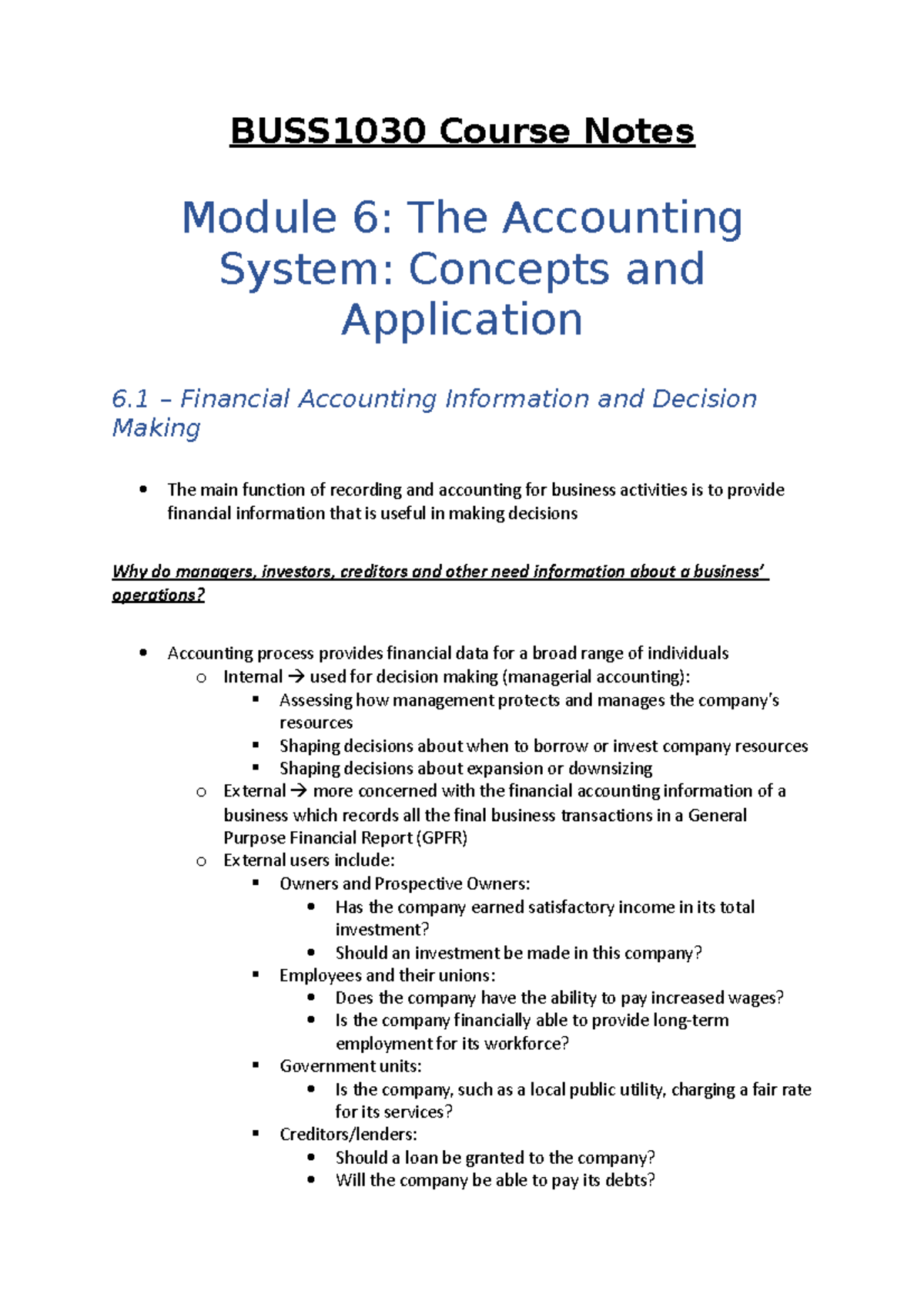 BUSS1030 Course Notes - BUSS1030 Course Notes Module 6: The Accounting ...