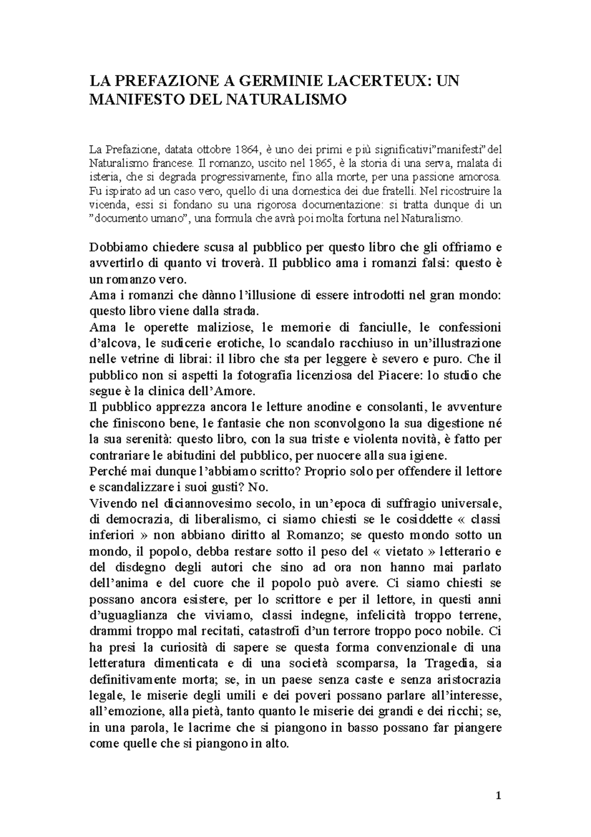 LA Prefazione A Germinie Lacerteux - 1 LA PREFAZIONE A GERMINIE ...