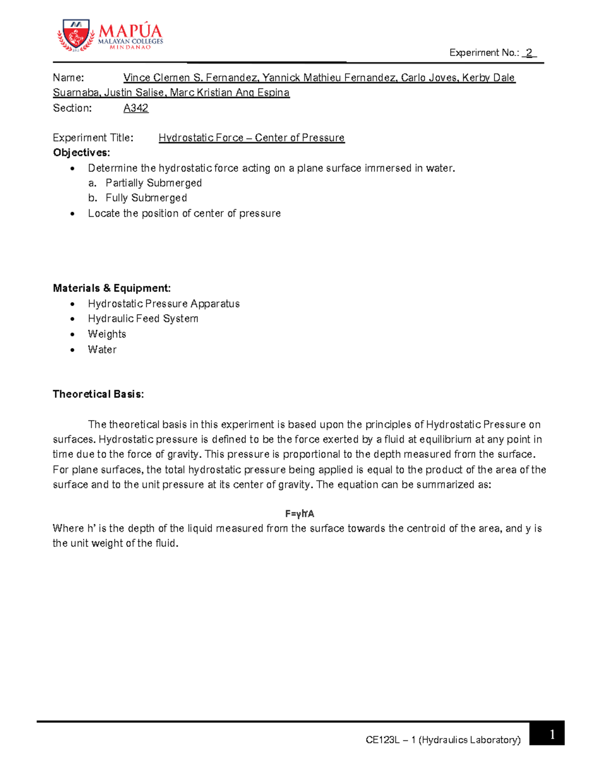 Group 5 Labaratory 2 - WEEKLY TASK - CE123L – 1 (Hydraulics Laboratory ...